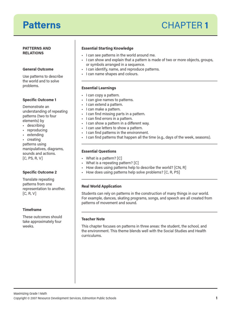 02-Grade 1-Chapter 1-Patterns Teacher Student Resource Blackline ...