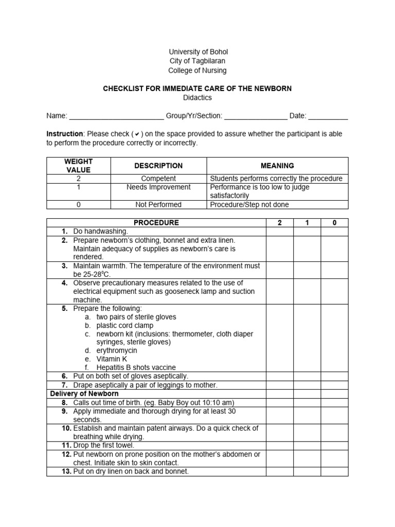 Newborn Care Checklist for Nursing Students | PDF | Clinical Medicine ...