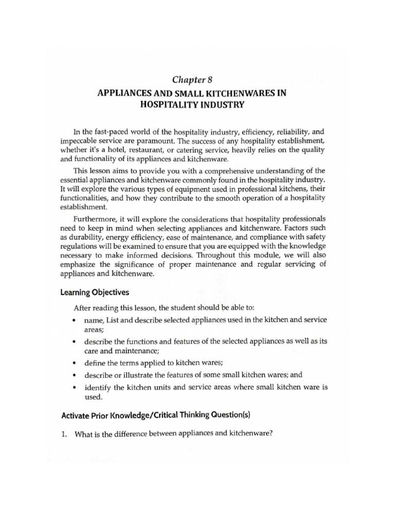 CHAPTER 8 Appliances and Small Kitchenwares in Hospitality Industry | PDF