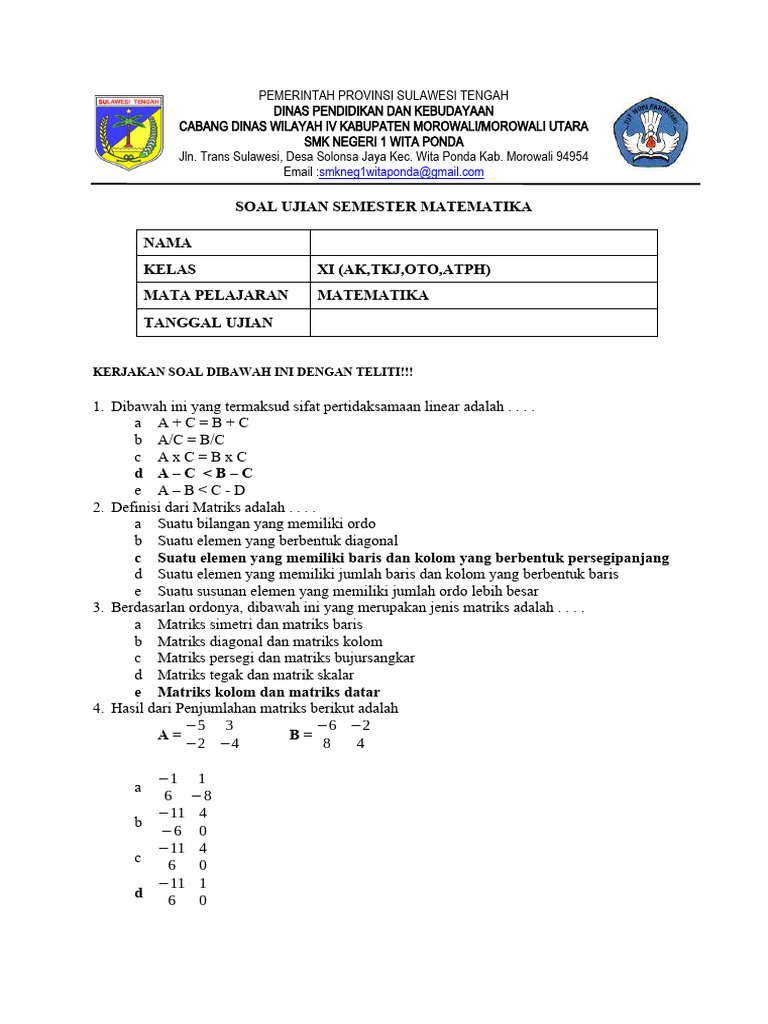 SOAL UJIAN SEMESTER MATEMATIKA KELAS XI SMSTR 1 | PDF