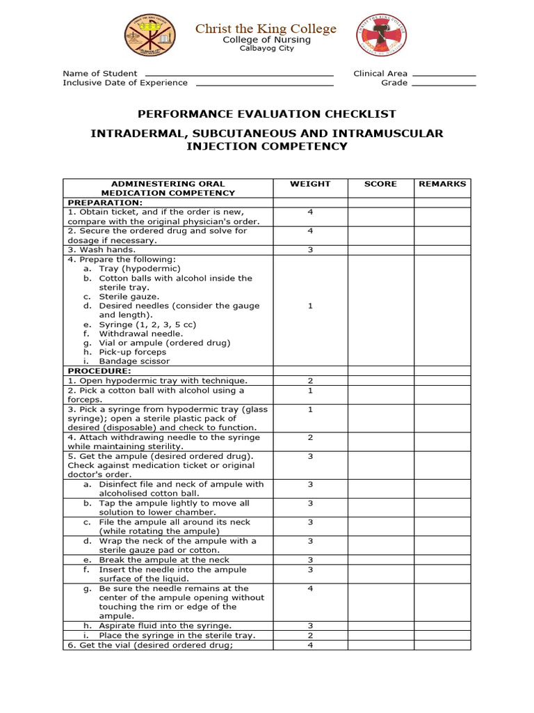 Intradermal Subcutaneous and Intramuscular Injection Competency | PDF ...