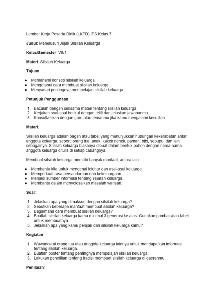 Buatkan Lkpd Ips Kelas 7 Dengan Materi Silsilah K Pdf