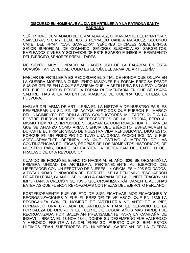 DISCURSO ARMA DE ARTILLERIA1 2023 | PDF | Artillería | Militar
