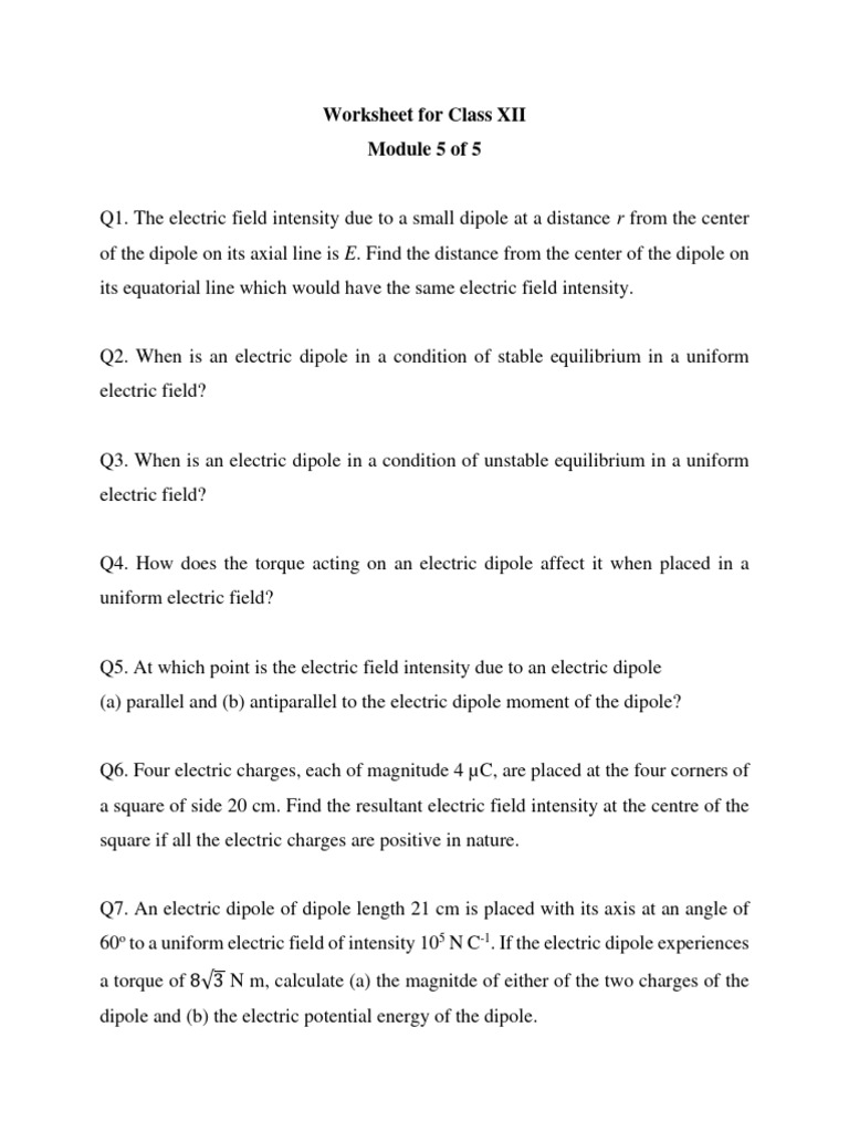 XII Physics Chapter 1 Module 5 Worksheet | PDF | Electric Field | Dipole
