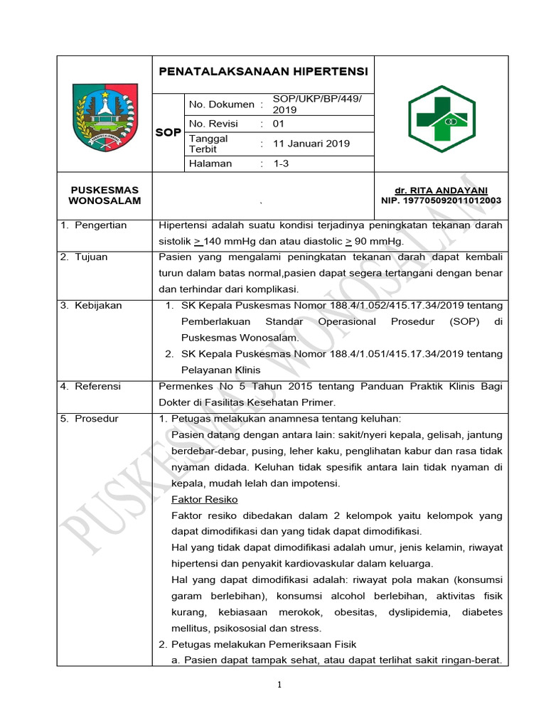 Sop Penatalaksanaan Hipertensi | PDF
