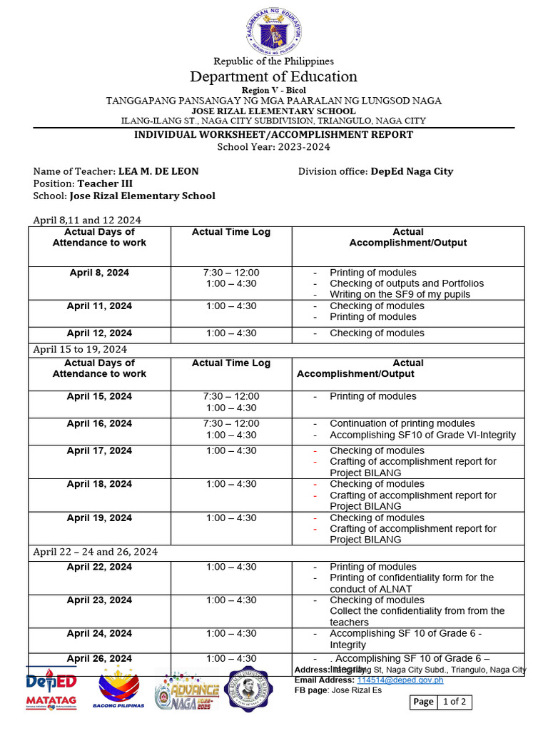 Accomplishment Report 2024 April Pdf Philippines