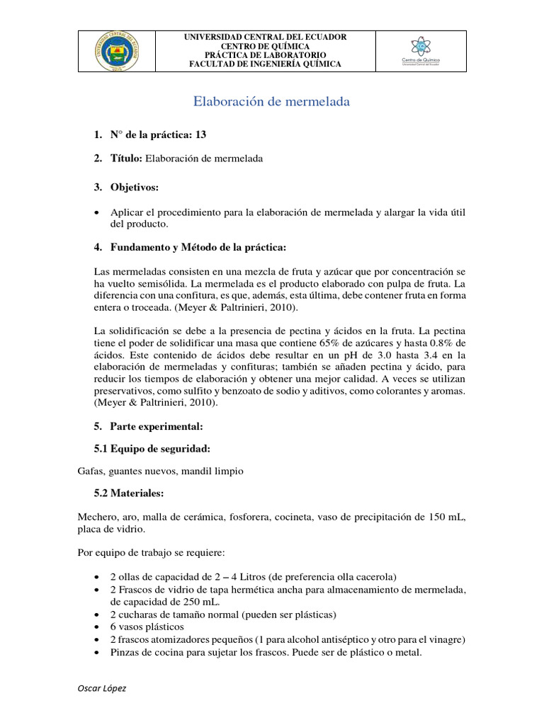 FIQ-QOII-Práctica 13 - Elaboración de Mermelada | PDF | Agua | Fruta