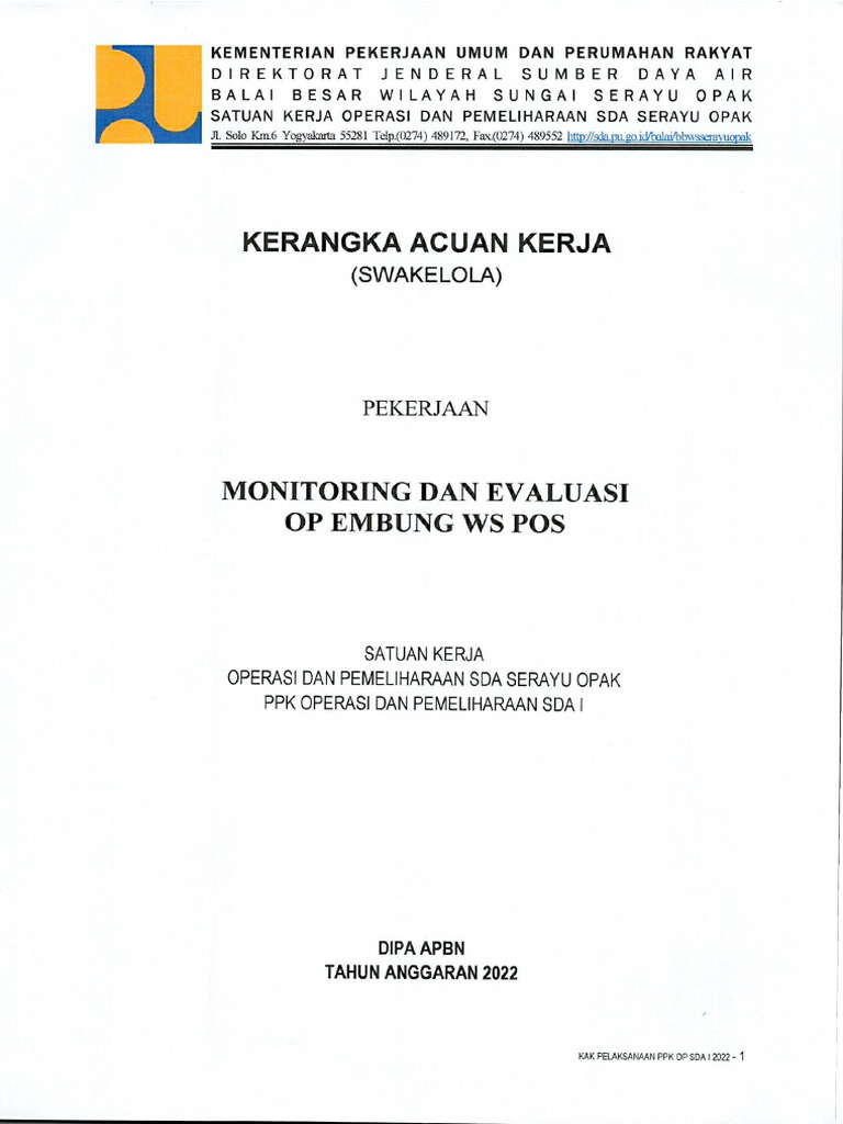 Lampiran 1 KAK Monitoring Dan Evaluasi OP Embung WS POS - 0001 | PDF