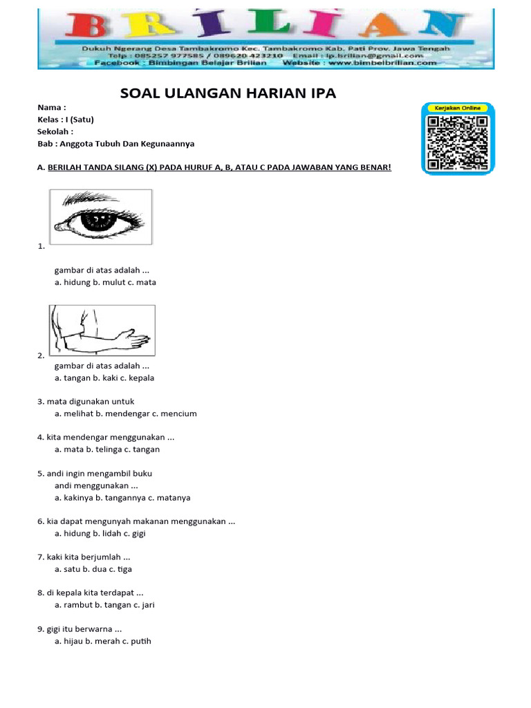 Soal IPA Kelas 1 SD Bab 1 Anggota Tubuh Dan Kegunaannya Dan Kunci ...