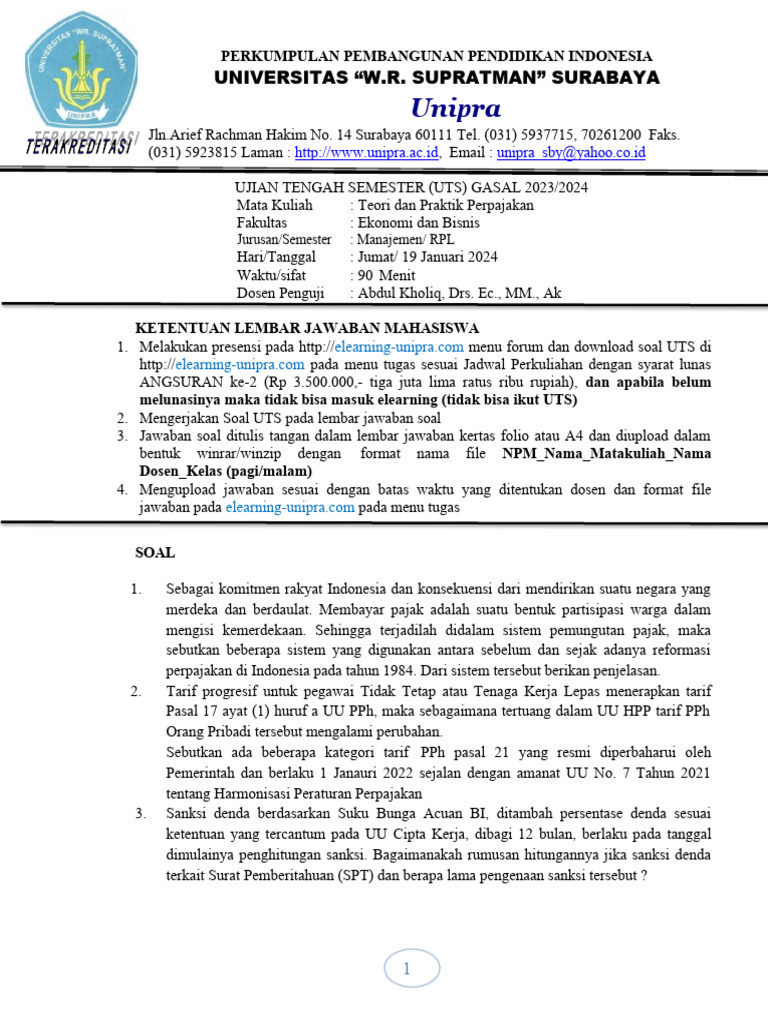 Uts - Teori & Praktik Perpajakan - Manajemen - RPL | PDF