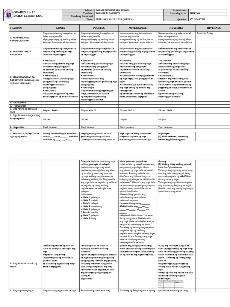DLL - Filipino 1 - Q3 - W4 | PDF