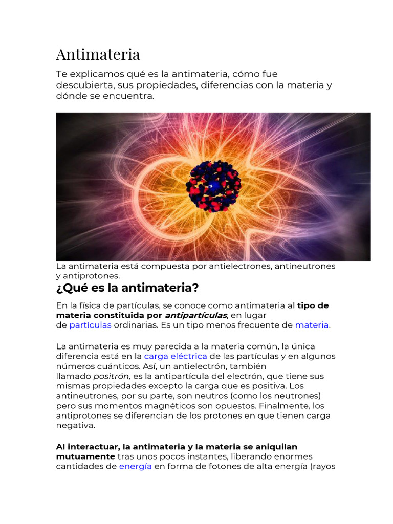 Qué es la antimateria y sus propiedades | PDF | Importar | Electrón