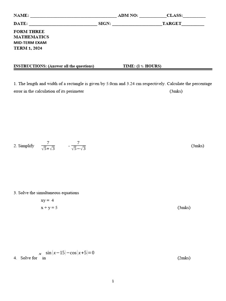 Mathematics f3 Midterm Cat | PDF | Mathematics