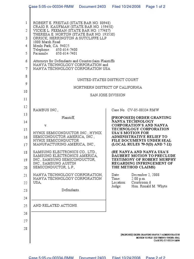 Proposed Order Granting Nanya S Administrative Motion To File Documents Under Seal ASE O RMW ...