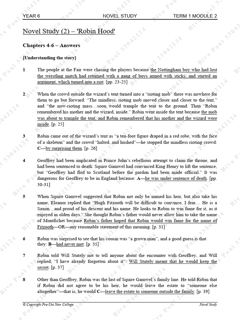 Year 6 Robin Hood Novel Study Answers | PDF