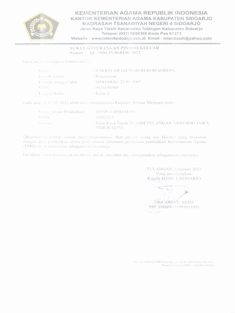 Surat Keterang Pindah Zakiyyah | PDF