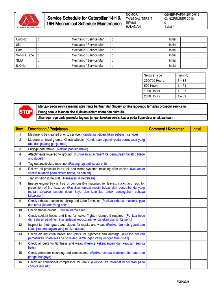 Preventive Maintenance Schedule For Caterpillar 14H & 16H Mechanical | PDF