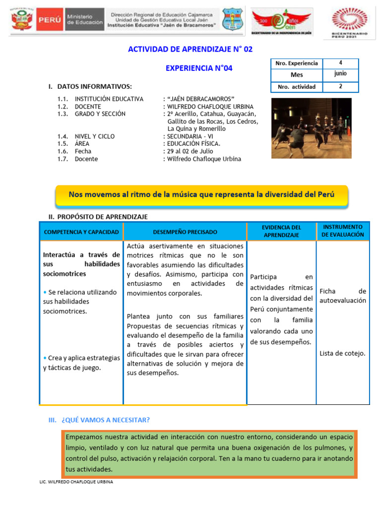 2act - 4exp - VI - E - F Word CHAFLOQUE | PDF | Bailes | Aprendizaje