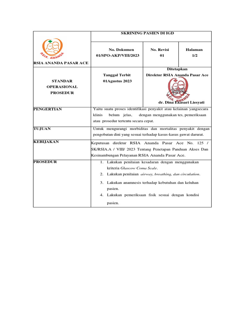 Sop Skrining Pasien Igd | PDF | Sains & Matematika