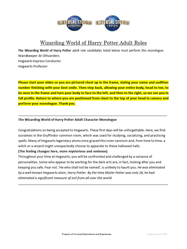 Entry Monologue Wizarding World of Harry Potter+Adult+Roles+FINAL+ ...