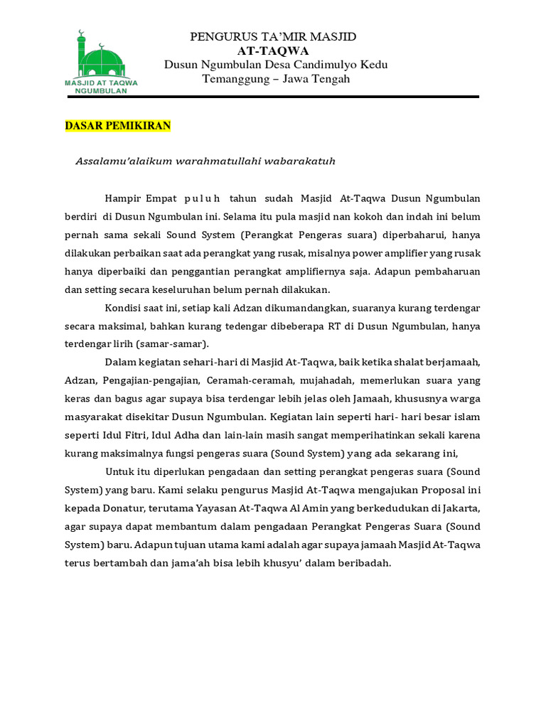 Proposal Pengajuan Pembaharuan Sound System Masjid at Taqwa | PDF