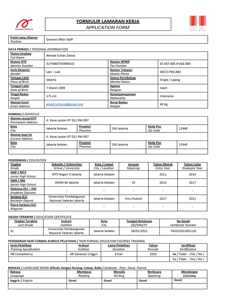 Form Lamaran Kerja (Application Form) | PDF