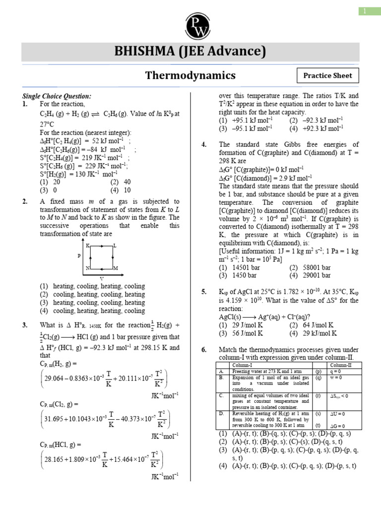 Thermodynamics - Practice Sheet - Bhishma JEE Advanced 2023 | PDF | Physical Quantities ...
