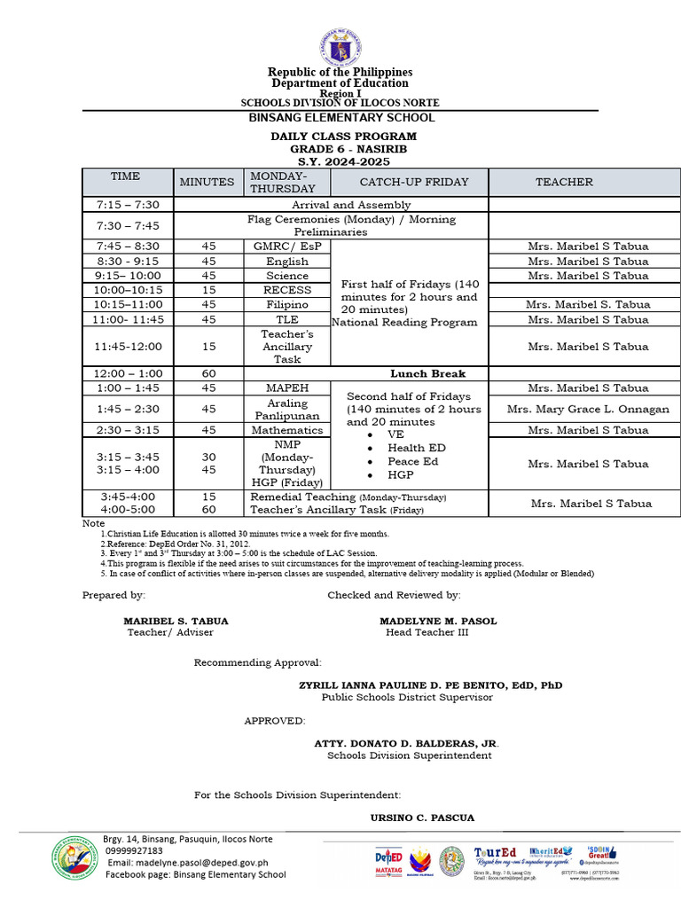 BINSANG ES Class Program Grade 6 MARIBEL S. TABUA | PDF