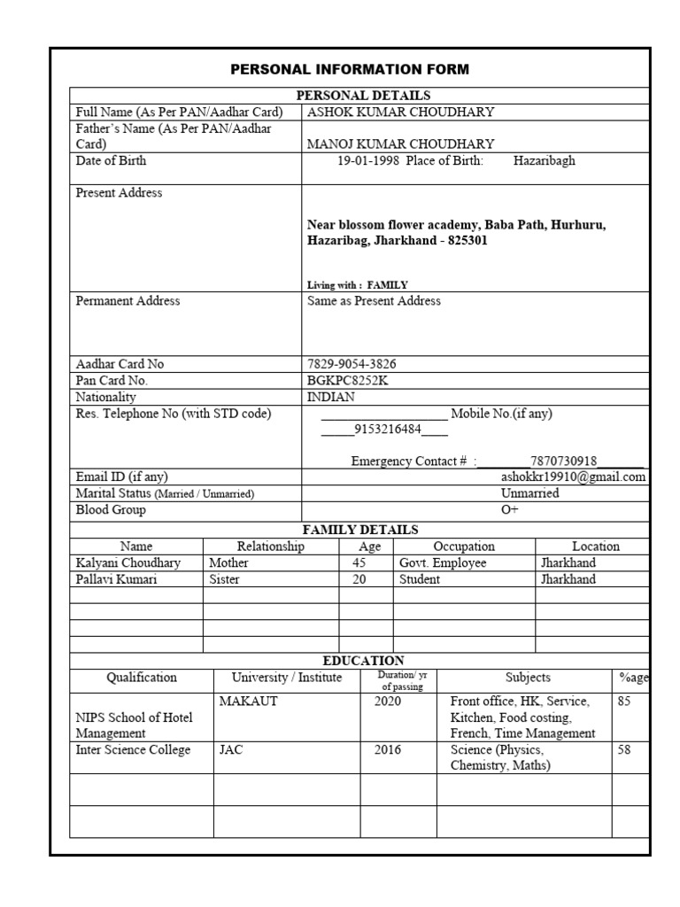 Personal Information Form Filled | PDF