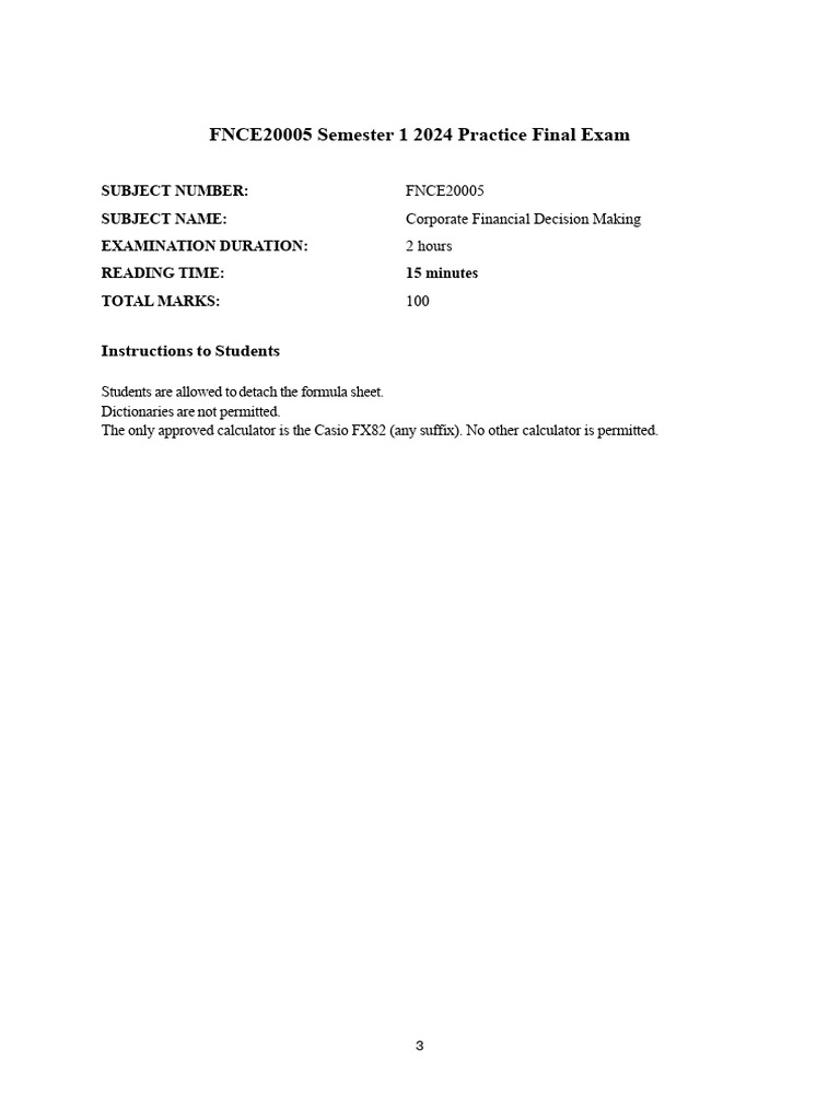 FNCE20005 Practice Exam Final S1 2024 | PDF | Dividend | Cost Of Capital