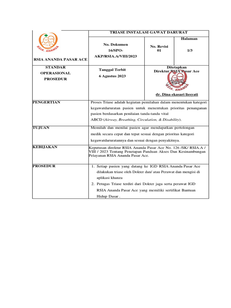 Prosedur Triase IGD RSIA Ananda Ace | PDF