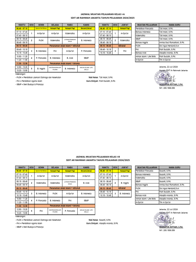 Kelas 1 - Jadwal Pelajaran Semester 1 TP 2024-2025 | PDF