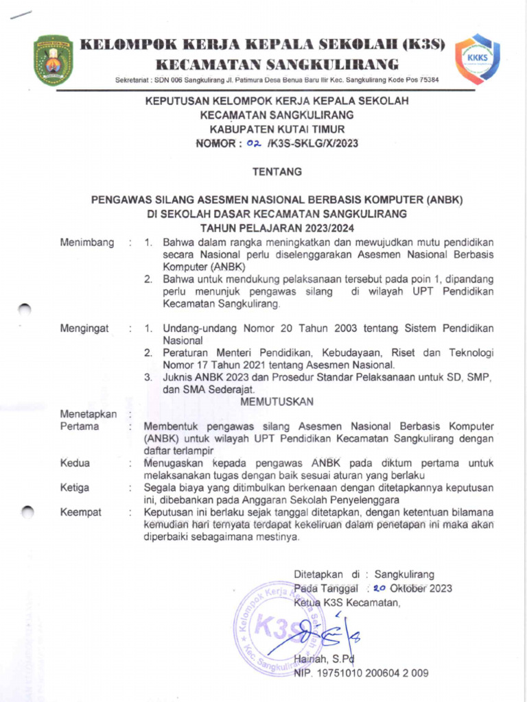 SK Pengawas Silang ANBK 2023 | PDF