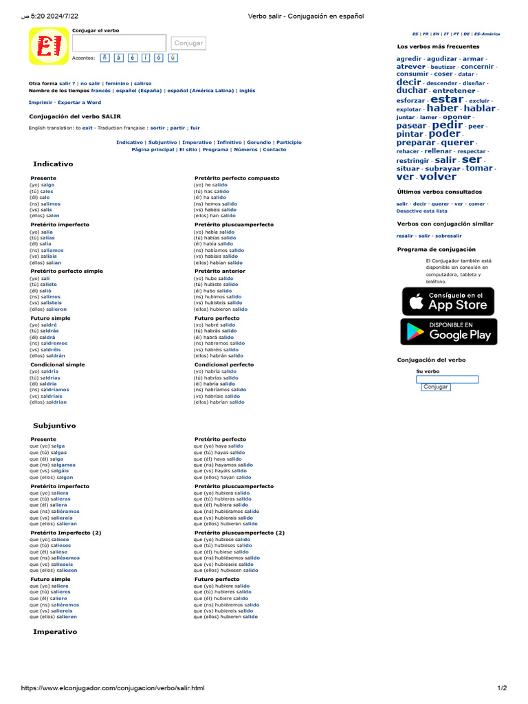 Verbo Salir - Conjugación en Español | PDF | Conjugación gramatical | Verbo