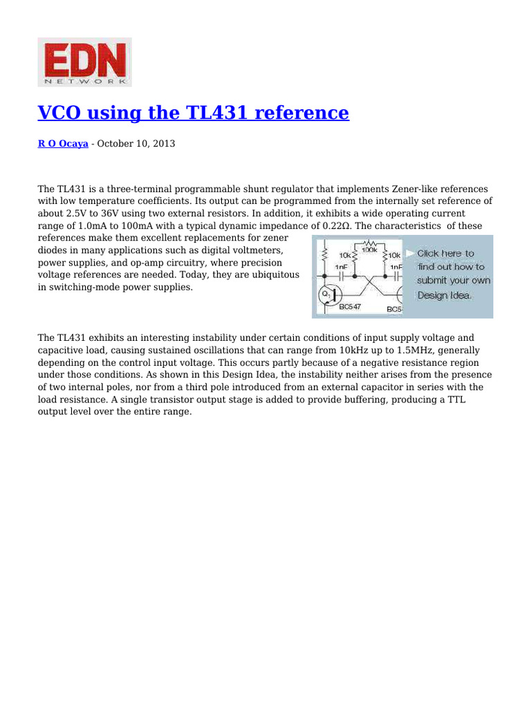 VCO Using The TL431 Reference | PDF | Capacitor | Electrical Resistance ...