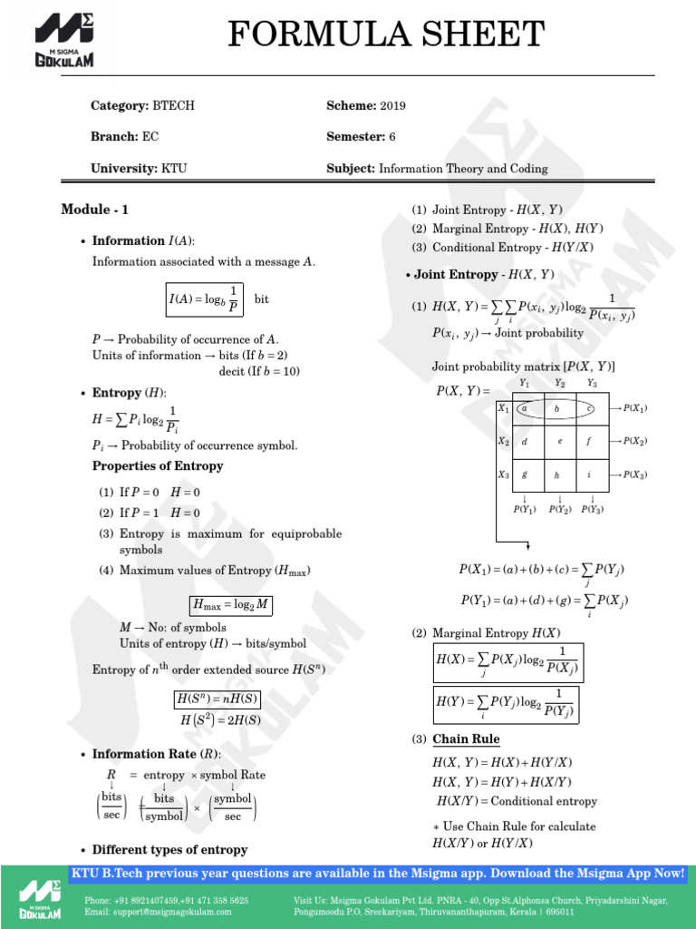 5btaso - Information Theory and Coding Formula Sheet | PDF ...
