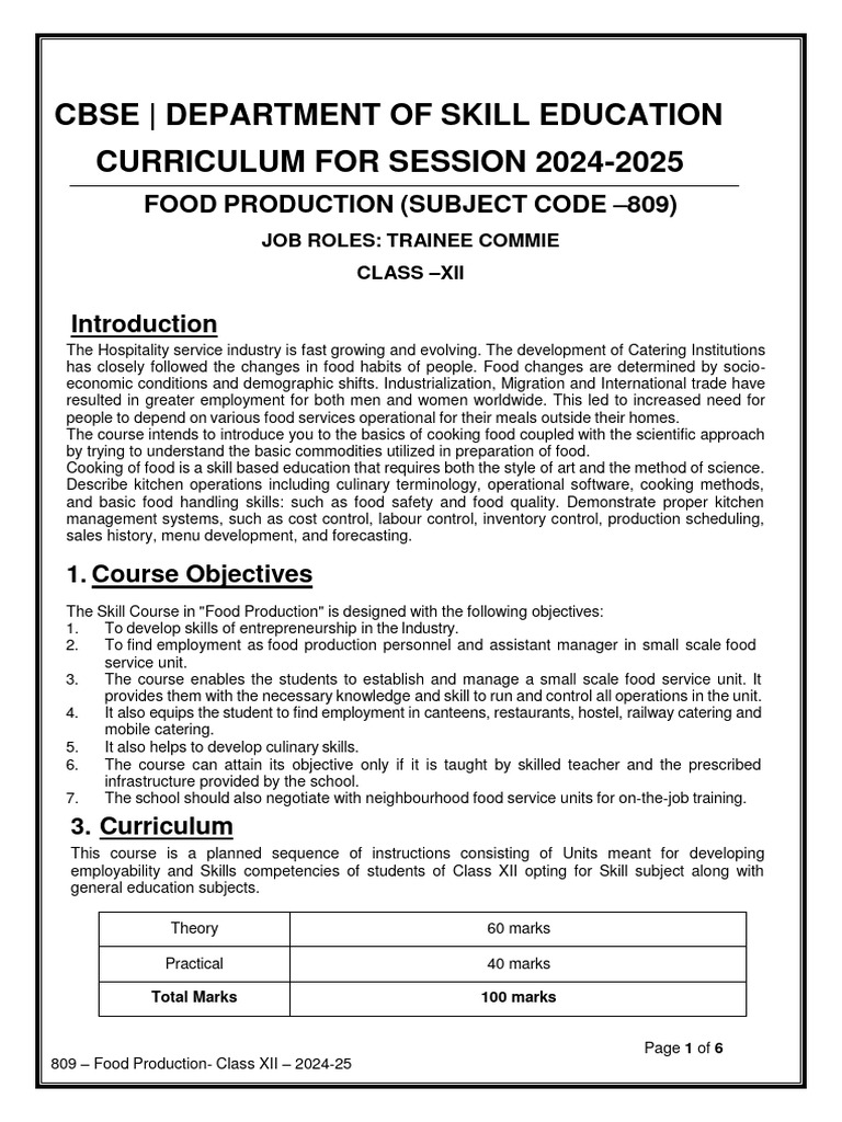 Class 12 Food Production Curriculum 2024-25 | PDF | Kitchen | Meal