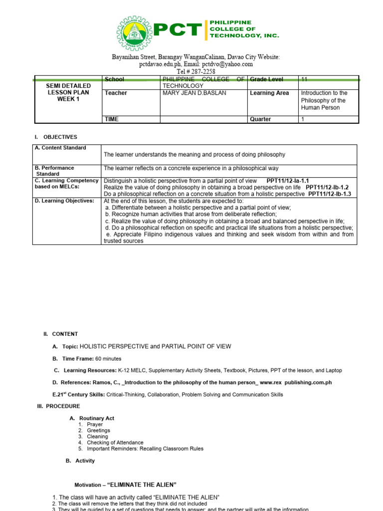 Week 1 Lesson Plan: Philosophy Perspectives | PDF | Learning | Critical ...