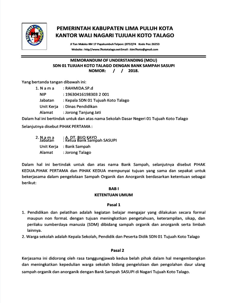 PDF Mou Bank Sampah - Compress | PDF | Pengelolaan Keuangan & Uang