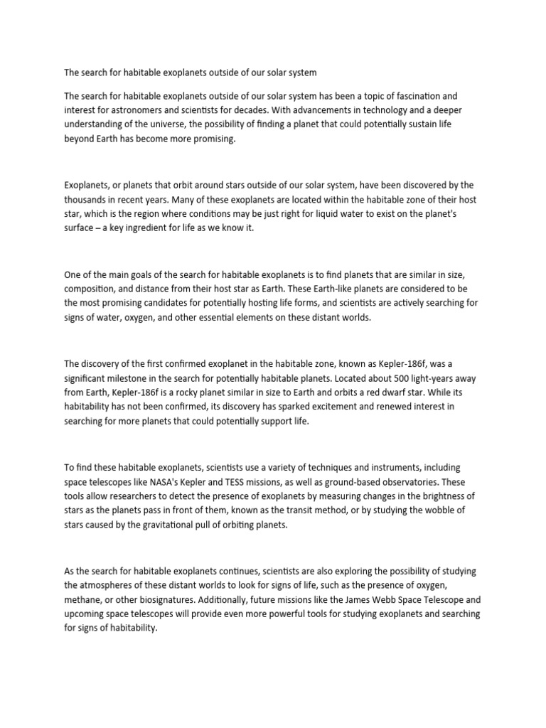 The Search For Habitable Exoplanets Outside of Our Solar System | PDF ...