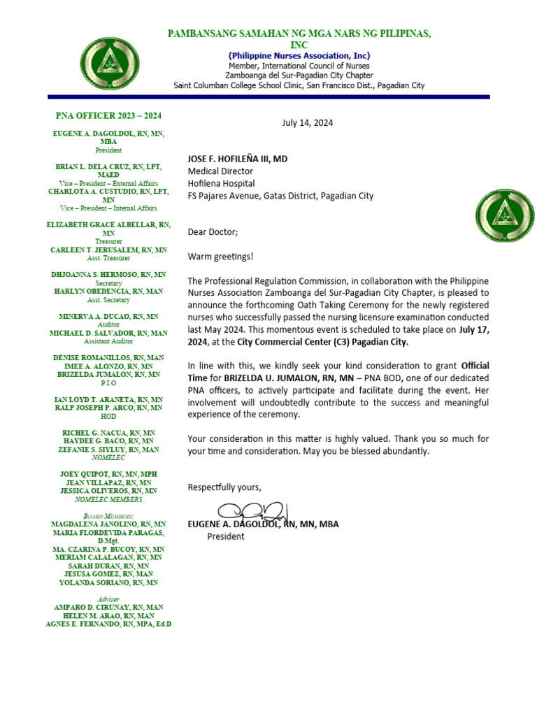 Letter From PNA To HOFILENA July 2024 | PDF | Nursing | Health Care