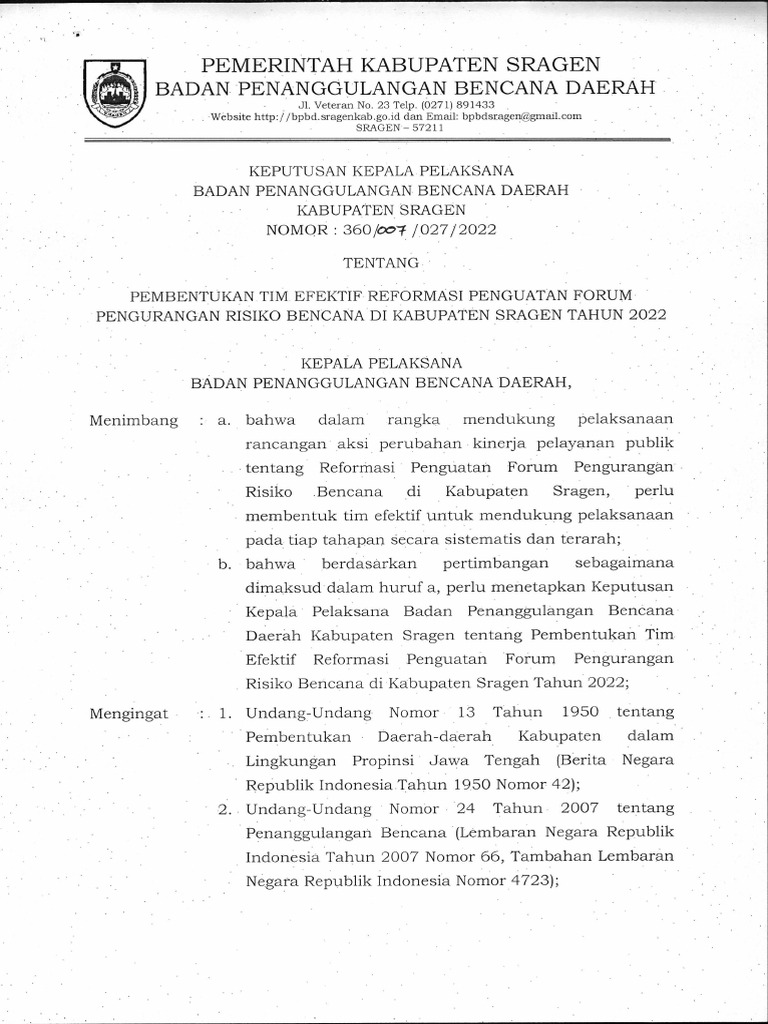 SK Pembentukan Tim Efektif Reformasi Penguatan FPRB | PDF