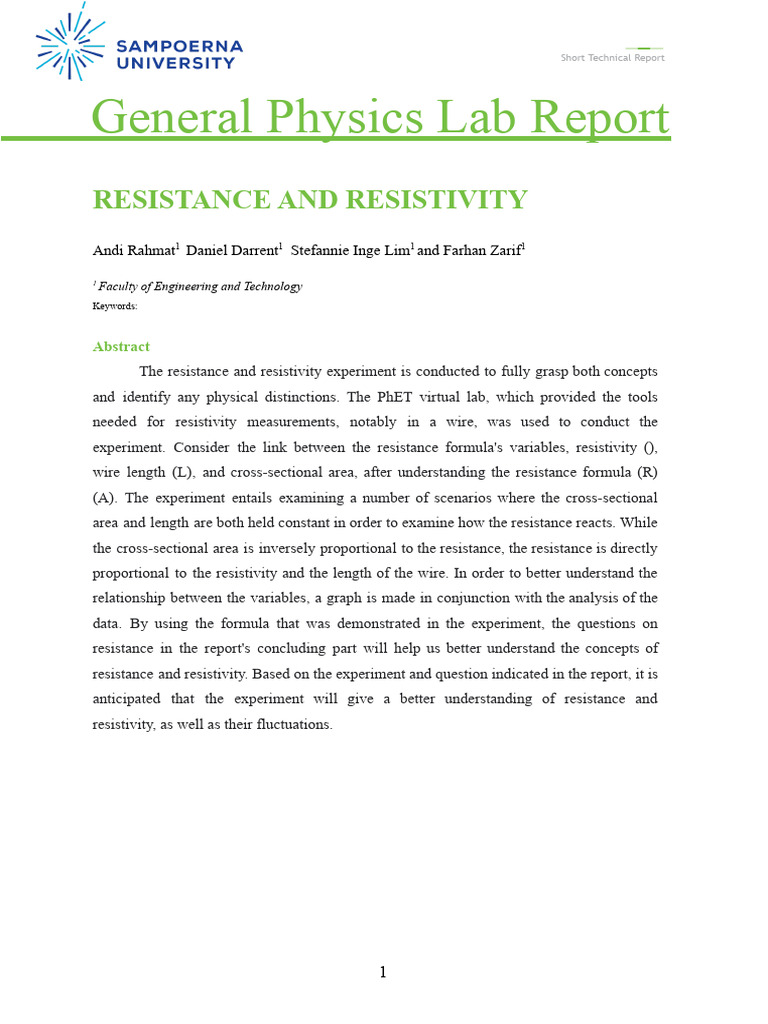 Resistance & Resistivity Lab Report | PDF | Electrical Resistivity And ...