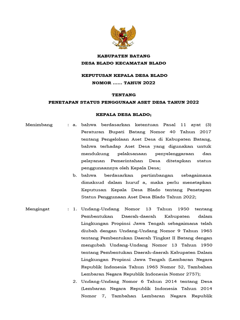 Format Sk-Jalan, Irigasi & Jaringan-Status Penggunaan Aset Desa | PDF