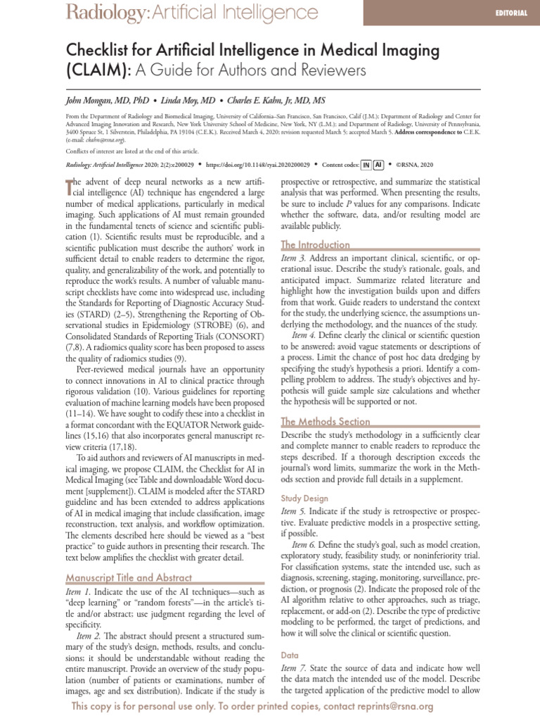 Checklist for Artificial Intelligence in Medical Imaging (CLAIM) A ...