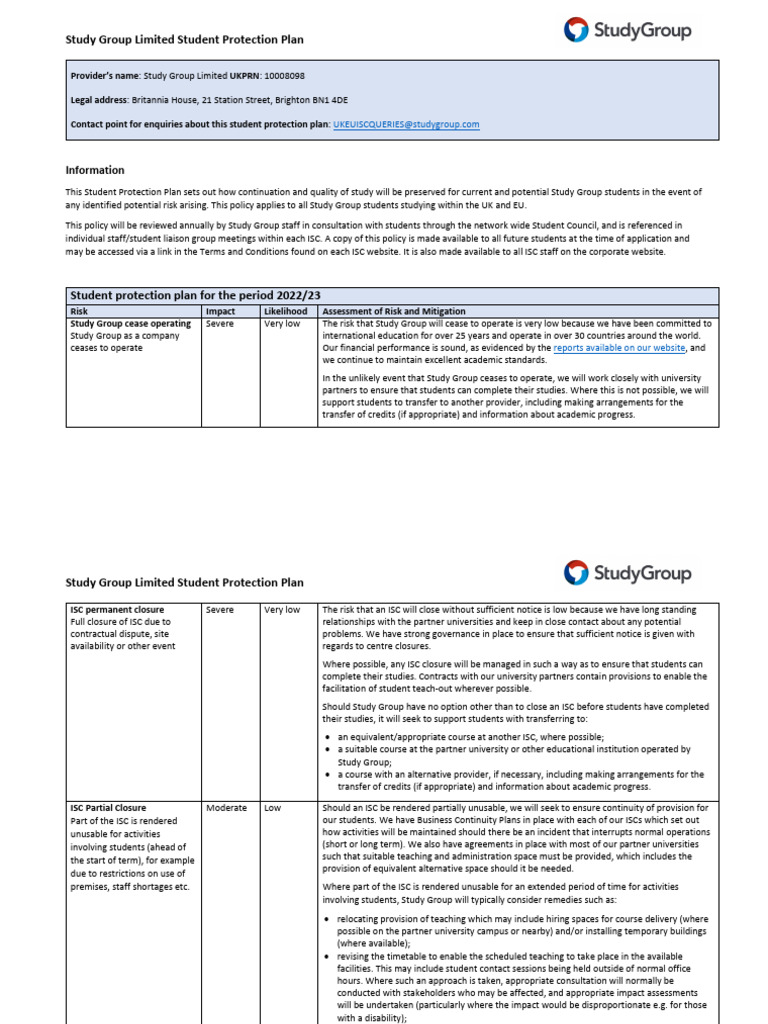Study Group Limited Student Protection Plan | PDF | Risk | Distance ...