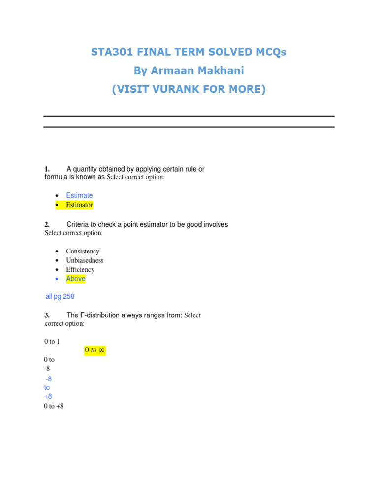 Sta301 Final Term Solved Mcqs Mega File-1-Converted-1 | PDF | Variance | Errors And Residuals