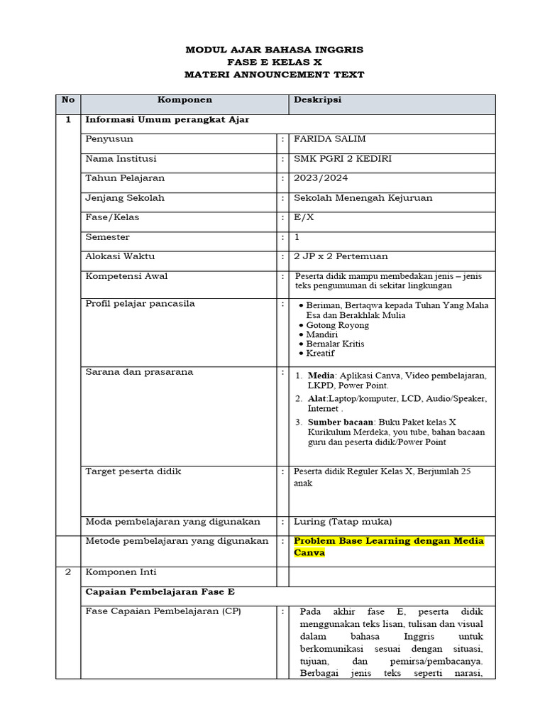 Modul Ajar Announcement Text Kelas X | PDF