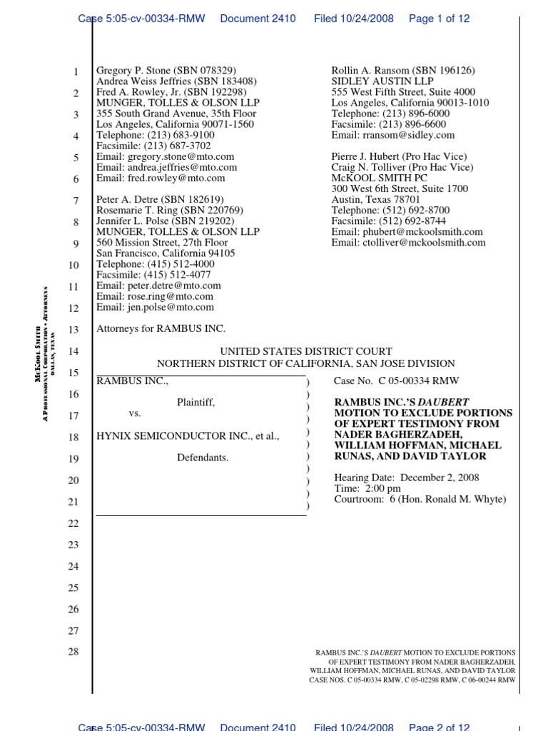 Rambus Inc.'S Daubert Motion To Exclude Portions of Expert Testimony ...