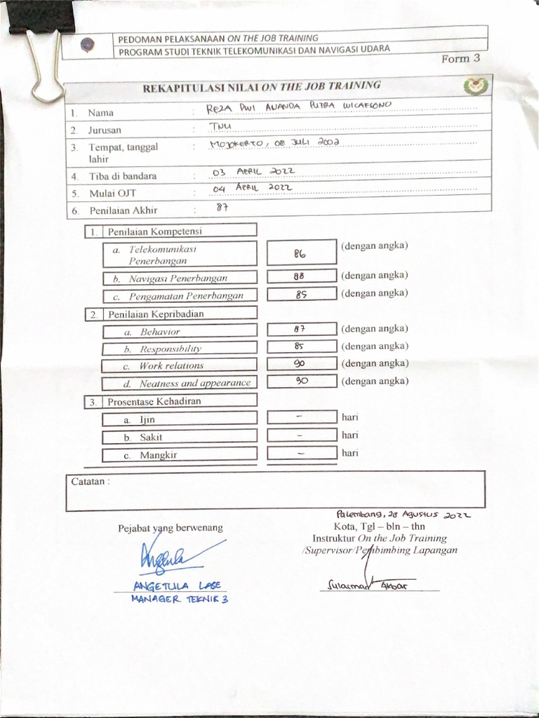 Form Penilaian OJT - Reza Dwi A - TNU 13 A | PDF
